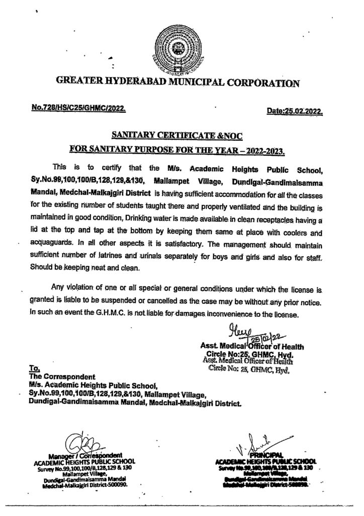 Sanitary Certificate Academic Heights Public School